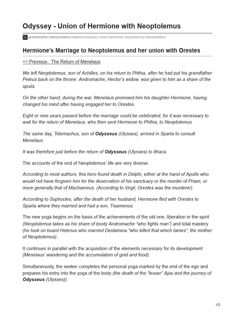 Odyssey - Union of Hermione With Neoptolemus | PDF | Trojan War ...