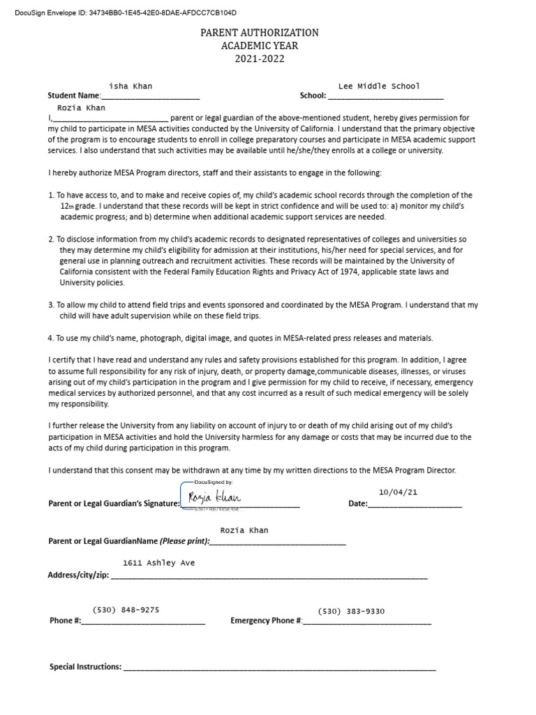 Please DocuSign Parent Authorization Form 20 | PDF