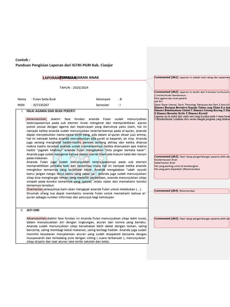 Format Raport Kurikulum Merdeka IGTKI-PGRI Kab. Cianjur Fix | PDF