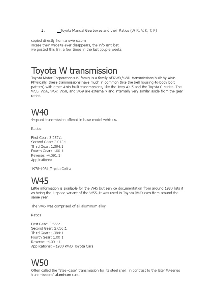 Toyota Manual Gearboxes and Their Ratios | PDF | Automotive ...