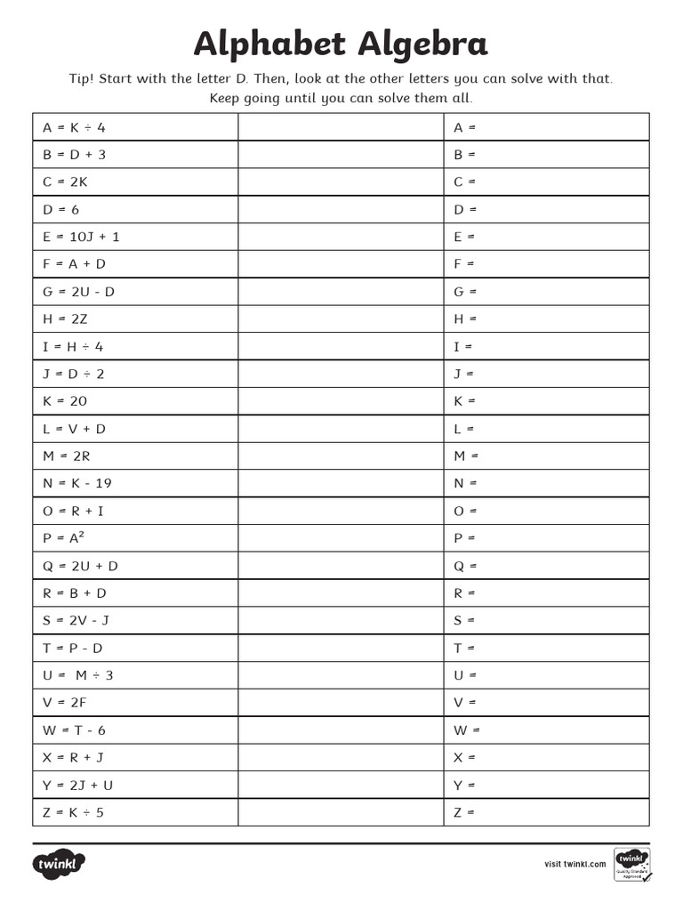 Alphabet Algebra Worksheet - Ver - 5 | PDF