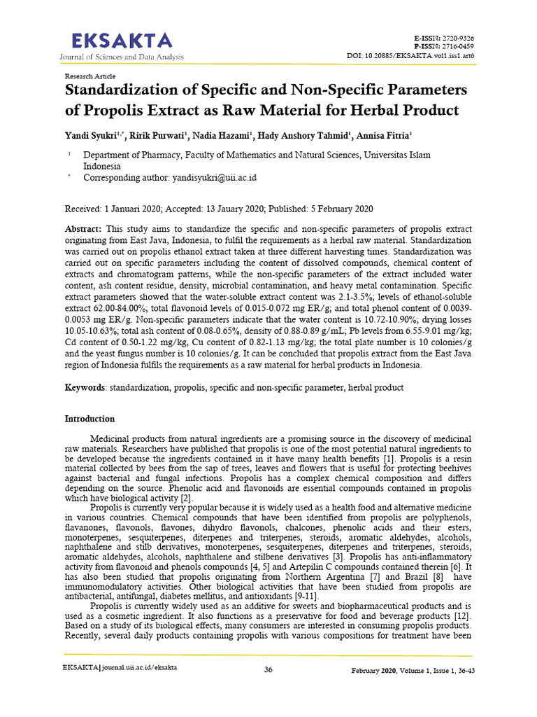 Standardization of Specific and Non-Specific Parameters of Propolis ... Standardization of Specific and Non-Specific Parameters of Propolis ...