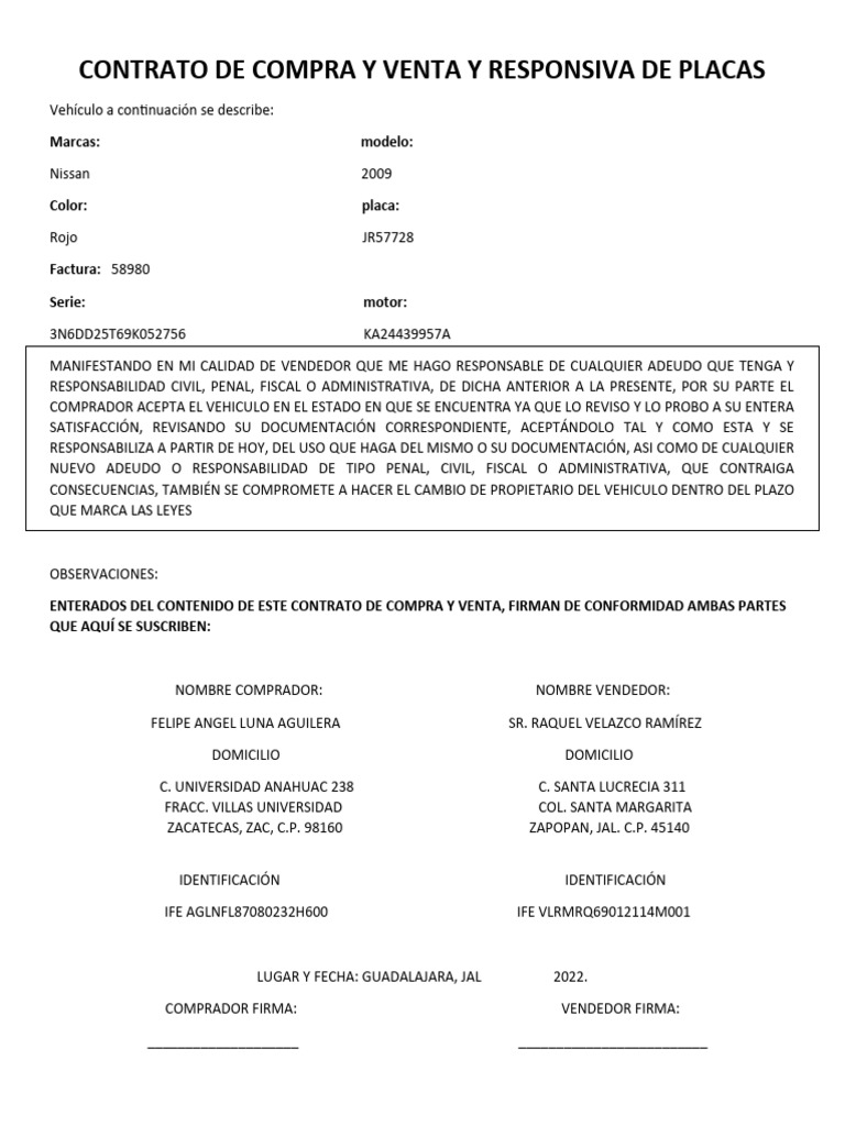 Contrato de Compra y Venta y Responsiva de Placas | PDF