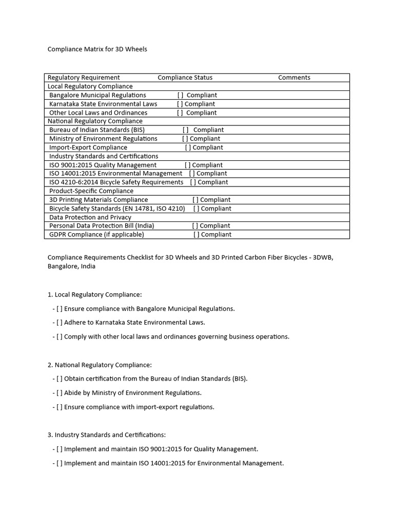 Compliance Matrix For 3D Wheels and 3D Printed Carbon Fiber Bicycles ...
