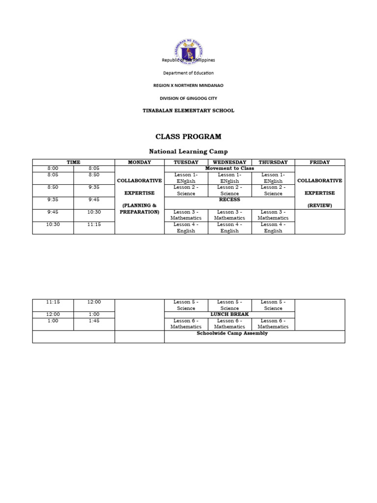 Class Program - National Learning Camp | PDF