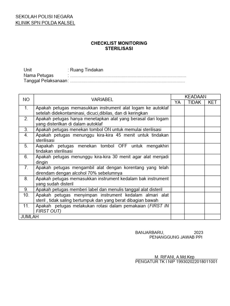 Checklist Monitoring Sterilisasi Alat | PDF