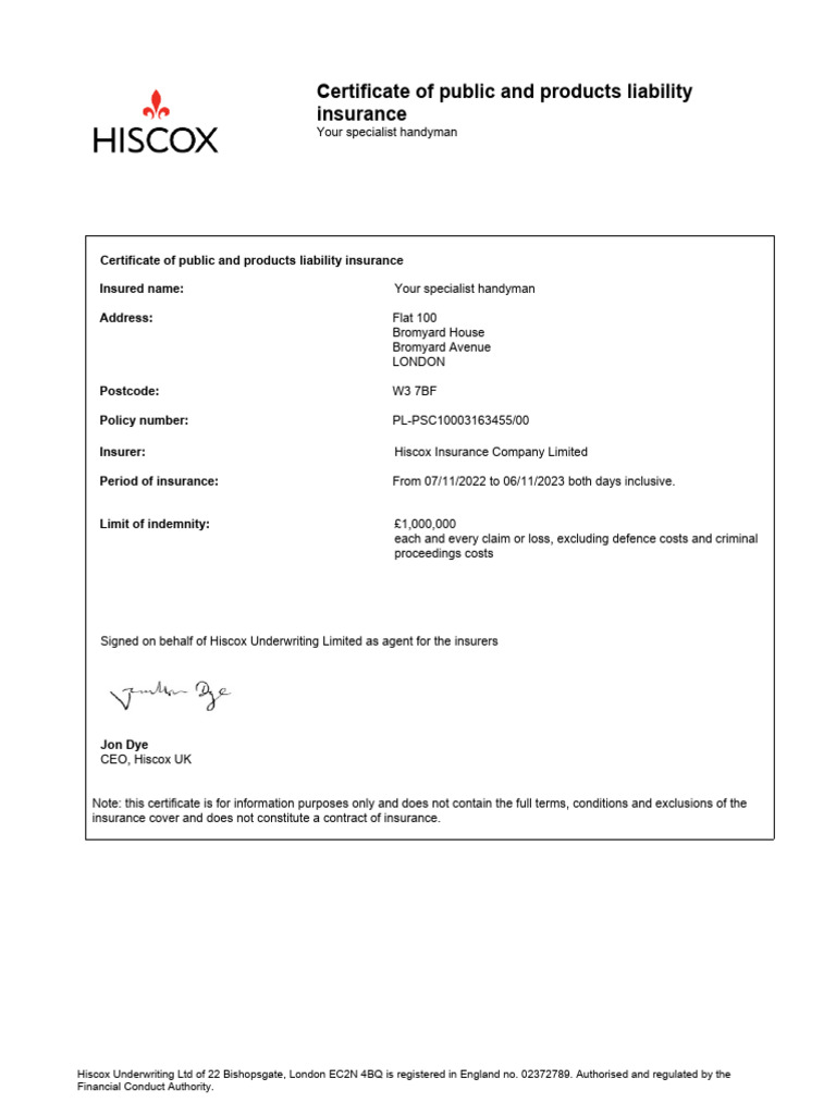 Public Liability Insurance Certificate | PDF