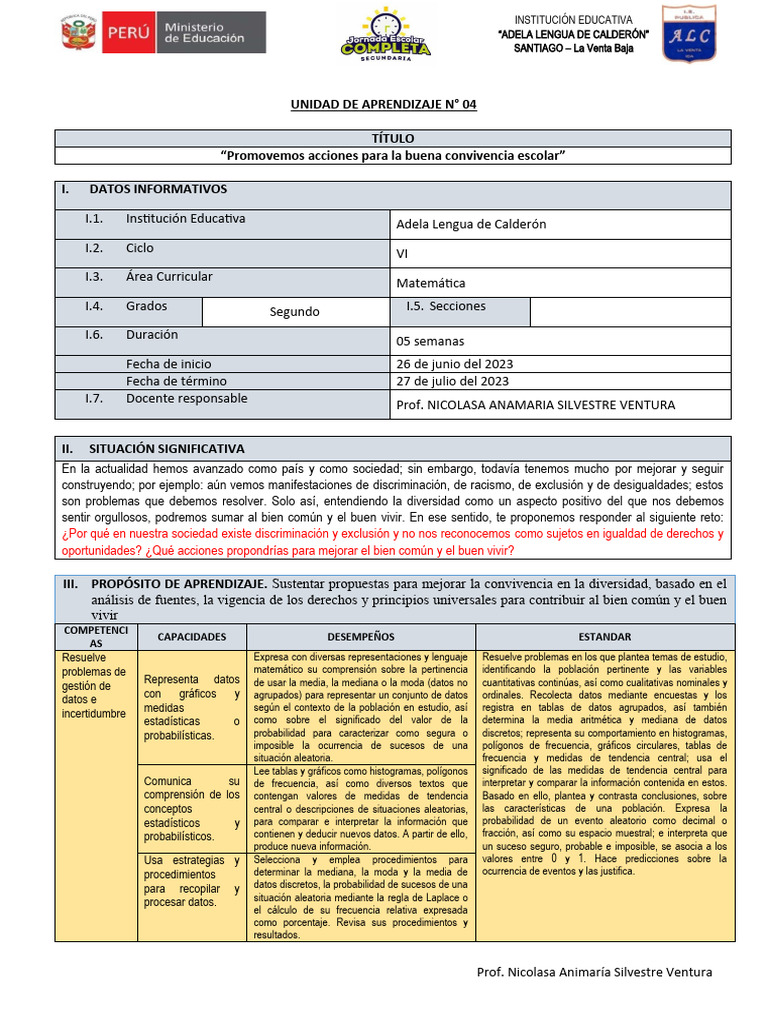 Unidad de Aprendizaje #04 Matematica 2do Grado | PDF