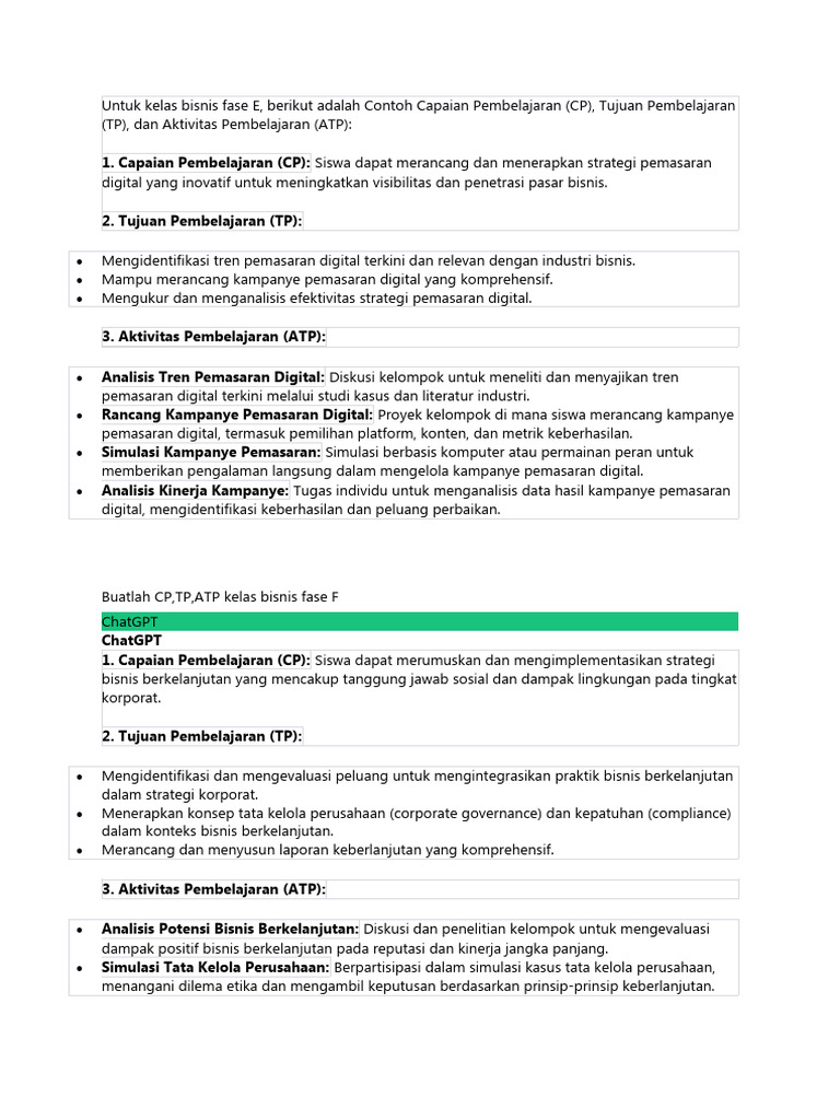 CP, TP, Atp Kls Bisnis Fase e Dan F | PDF