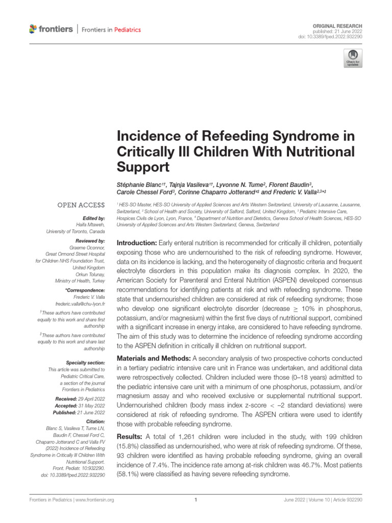 Incidence of Refeeding Syndrome in Critically Ill Children | PDF ...