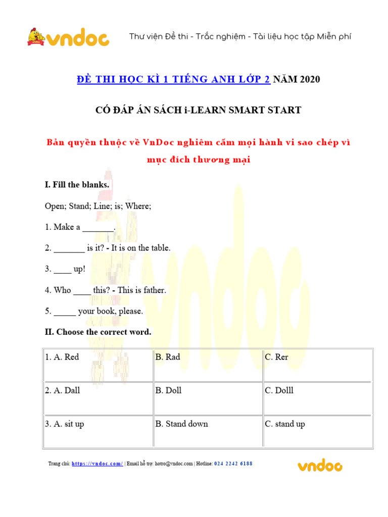 De Thi Tieng Anh Lop 2 Hoc Ki 1 I Learn Smart Start Nam 2020 So 3 | PDF