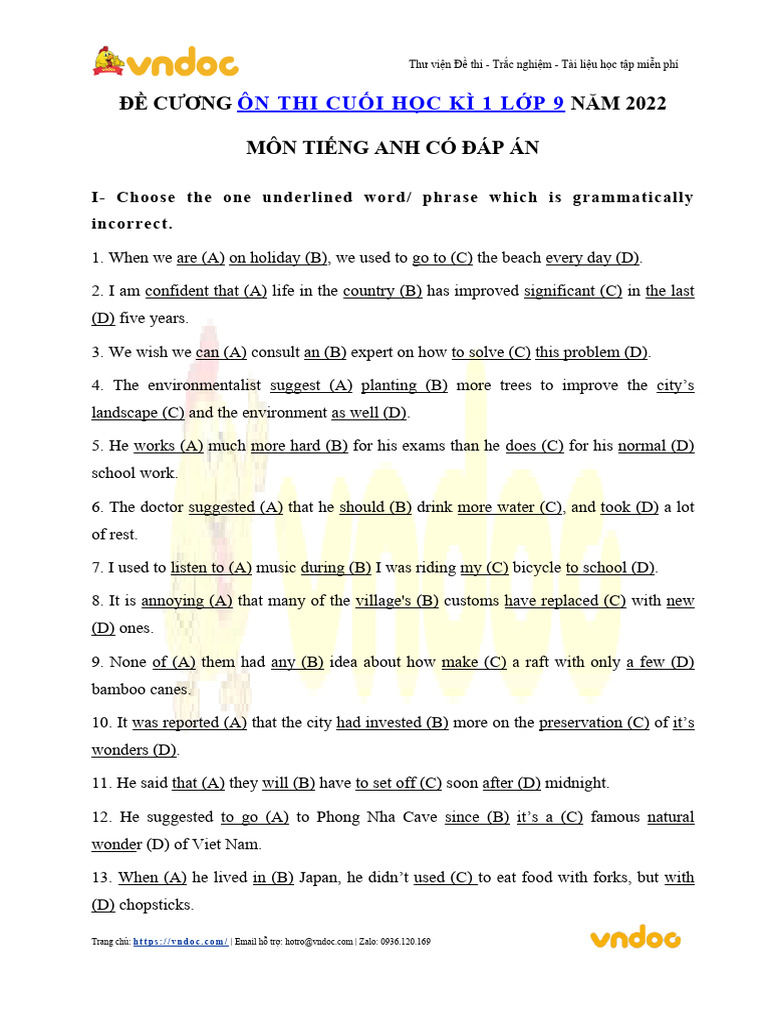 De Cuong On Tap Hoc Ki 1 Lop 9 Thi Diem Mon Tieng Anh | PDF
