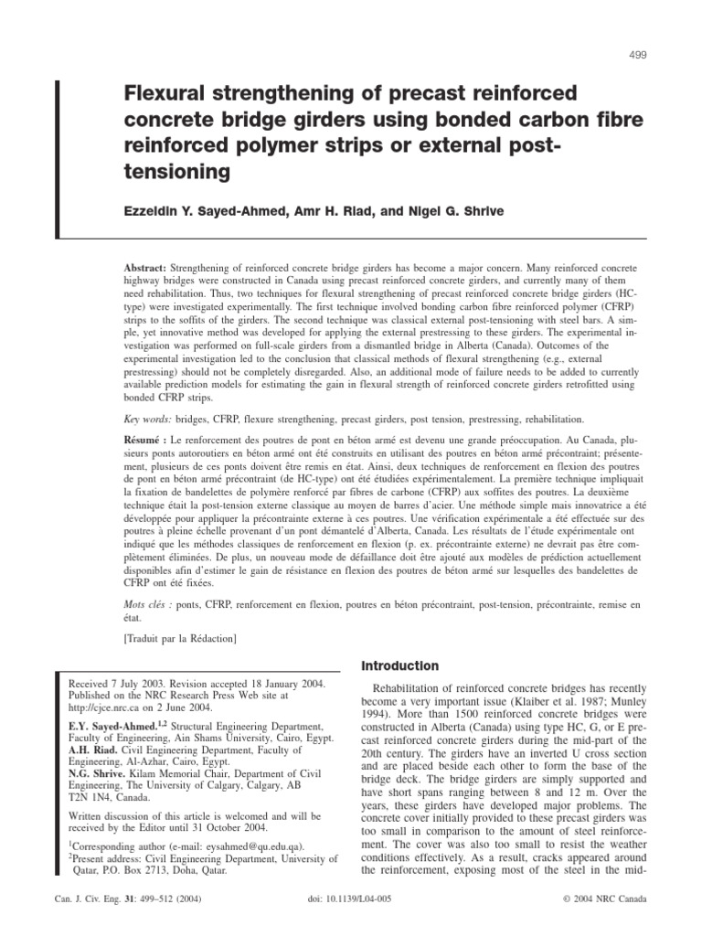 Flexural Strengthening of Precast Reinforced Concrete Bridge Girders Using Bonded Carbon Fibre ...