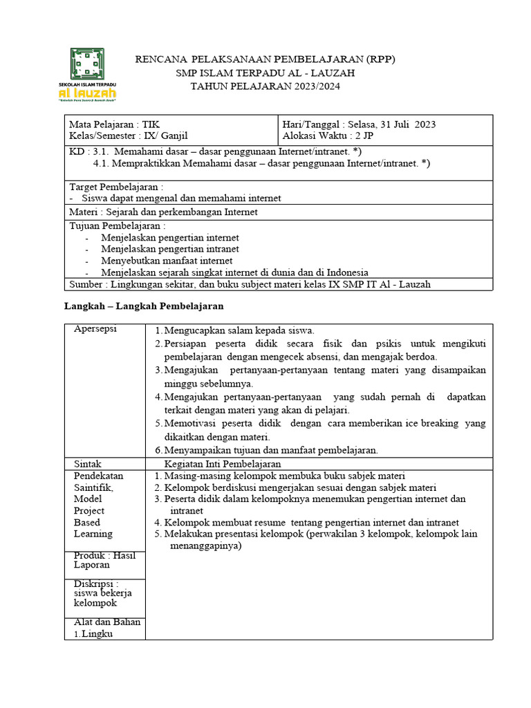 TIK Kelas 9 RPP Tahun Pelajaran 2023-2024 | PDF