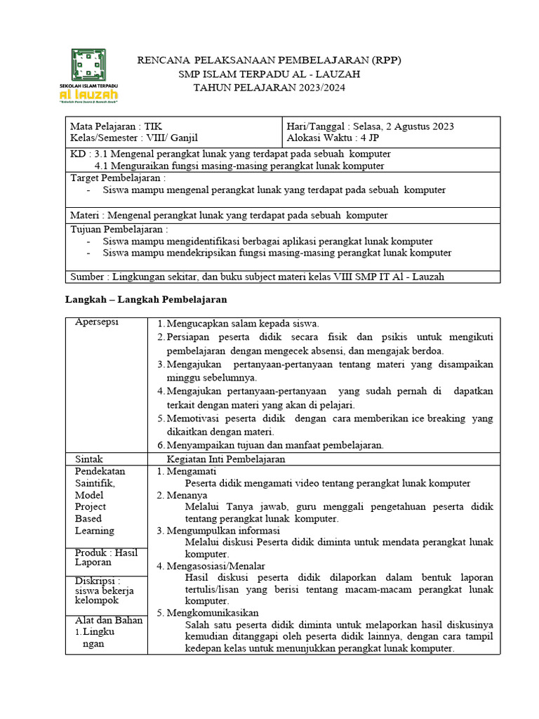 TIK - Kelas 8 RPP Tahun Pelajaran 2023-2024 | PDF