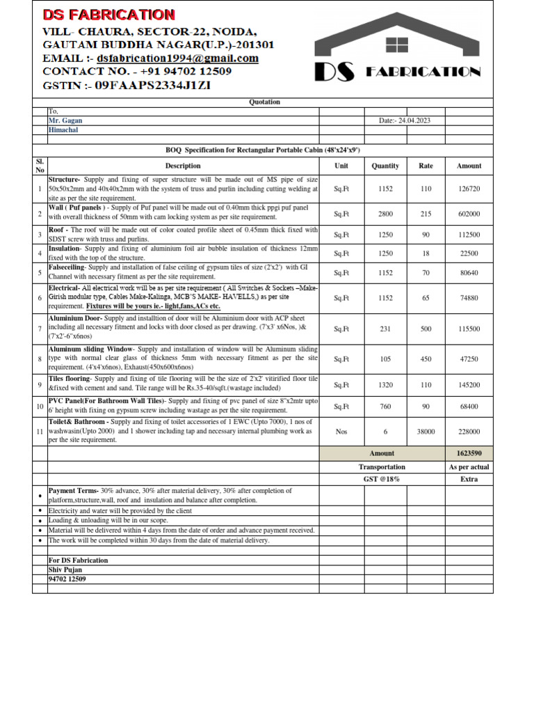 Quotation of Prefabricated Cabin | PDF | Tile | Civil Engineering