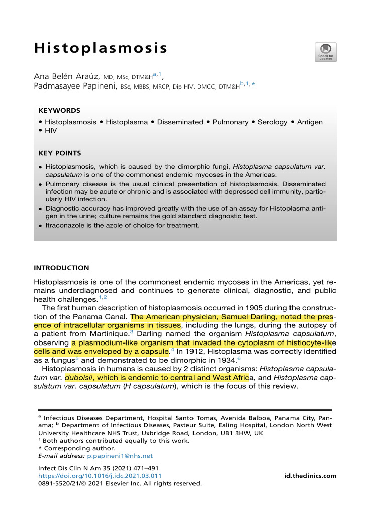 Histoplasmosis Review INF DIS CLIN NA 2021 | PDF | Respiratory Diseases ...