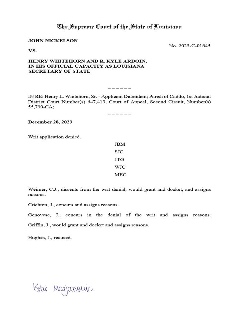 Louisiana Supreme Court Denies Henry Whitehorn's Writ Application | PDF Louisiana Supreme Court Denies Henry Whitehorn's Writ Application | PDF