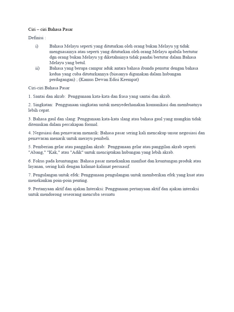Ciri Ciri Bahasa Pasar | PDF | Seni & Disiplin Bahasa