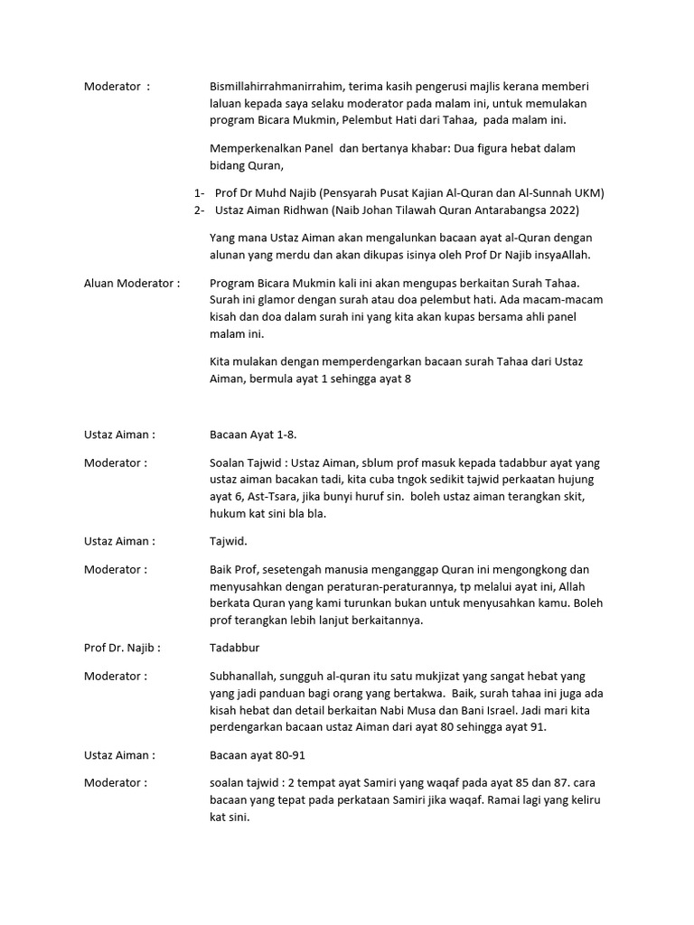 Contoh Text Moderator Alunan Surah Taha 14 Jan 2022 | PDF | Karier ...