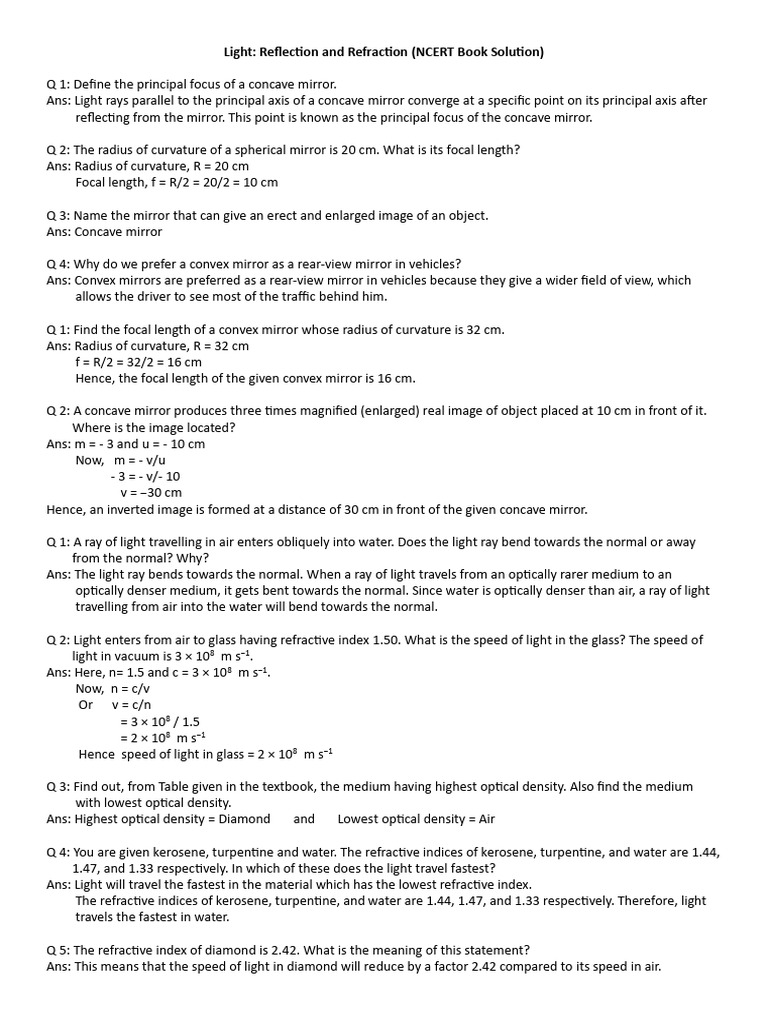 Reflection and Refraction NCERT Book Solution | PDF | Mirror | Refractive Index