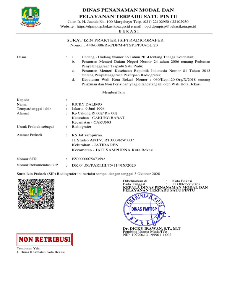 SIP Radiografer Ricky Dalimo Bekasi | PDF