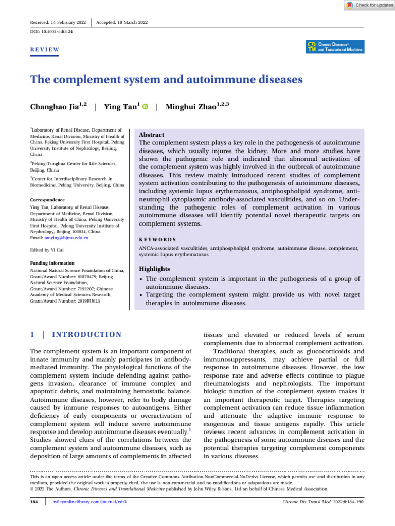 The Complement System and Autoimmune Diseases | PDF