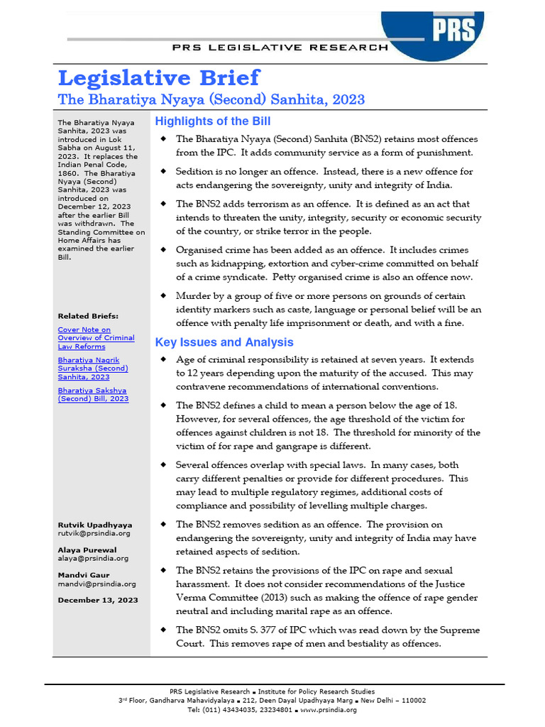 Legislative Brief The Bharatiya Nyaya (Second) Sanhita 2023 | Download ...