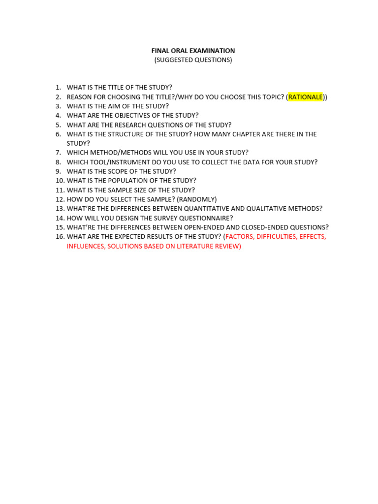 Final Oral Exam Study Guide | PDF