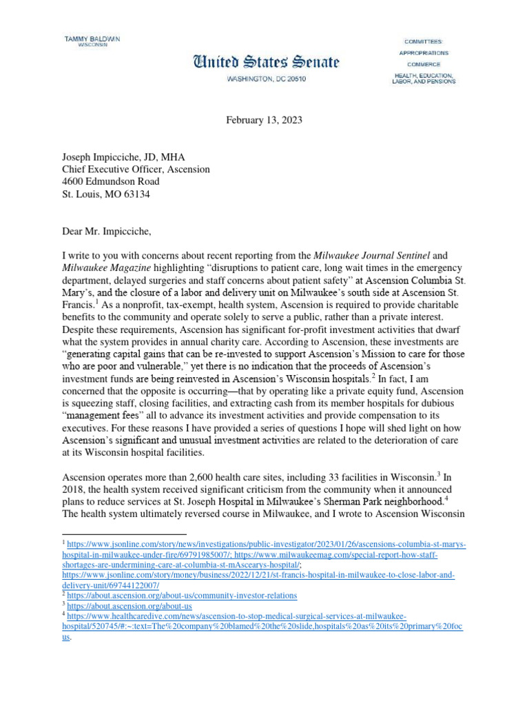 Ascension Financial Letter Final | PDF | Health System | Investing