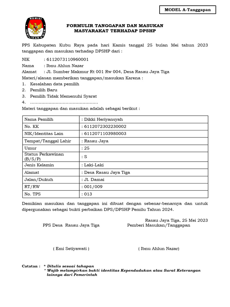 Formulir Tanggapan Dan Masukan Masyarakat Terhadap DPSHP RJ 3 | PDF