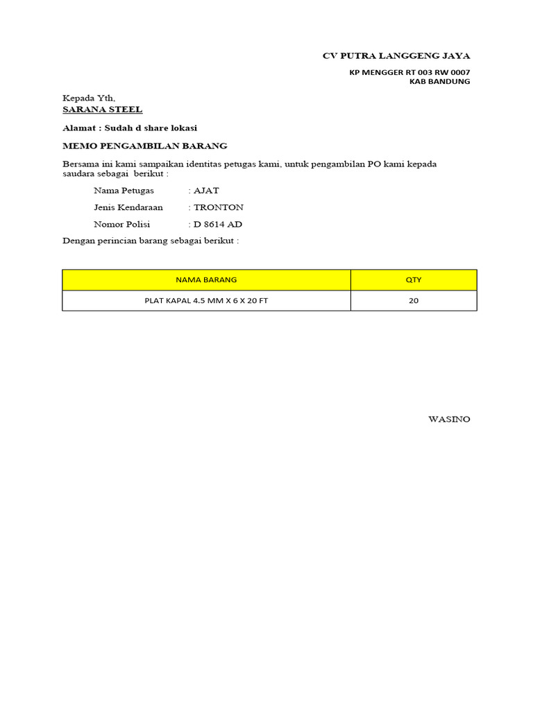 Memo Ambil Barang PLJ | PDF