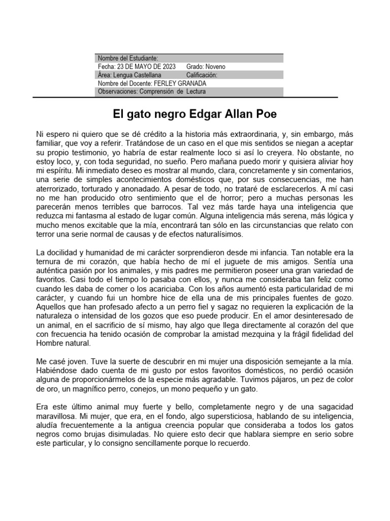 El Gato Negro Edgar Allan Poe 2014 | PDF | Gatos | Edgar Allan Poe
