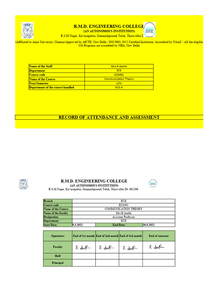 A SECTION - Record of Attendance and Assessment | PDF | Frequency ...