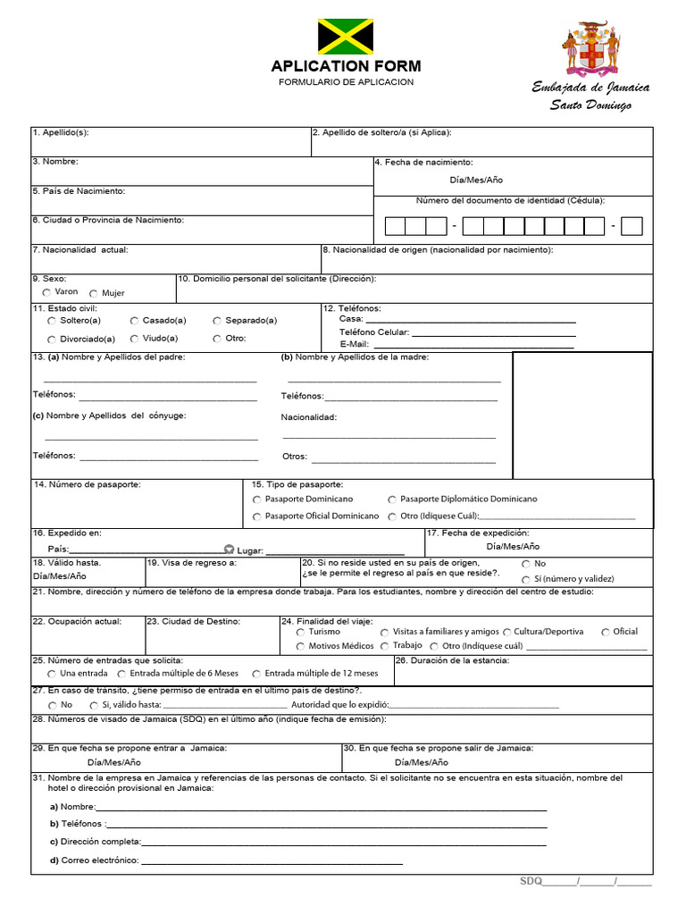 Formulario de Solicitud de Visa Jamaica | PDF | Visa de viaje