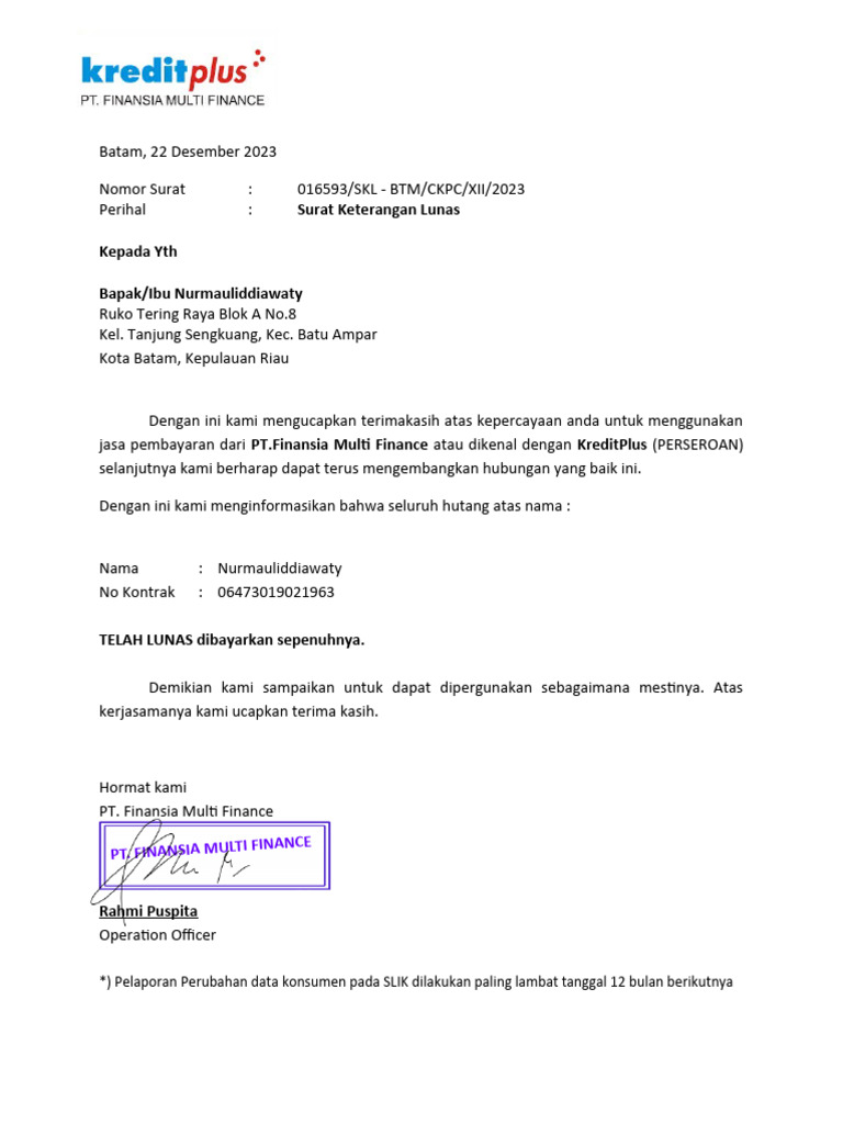 Surat Lunas Kredit Plus 1 | PDF