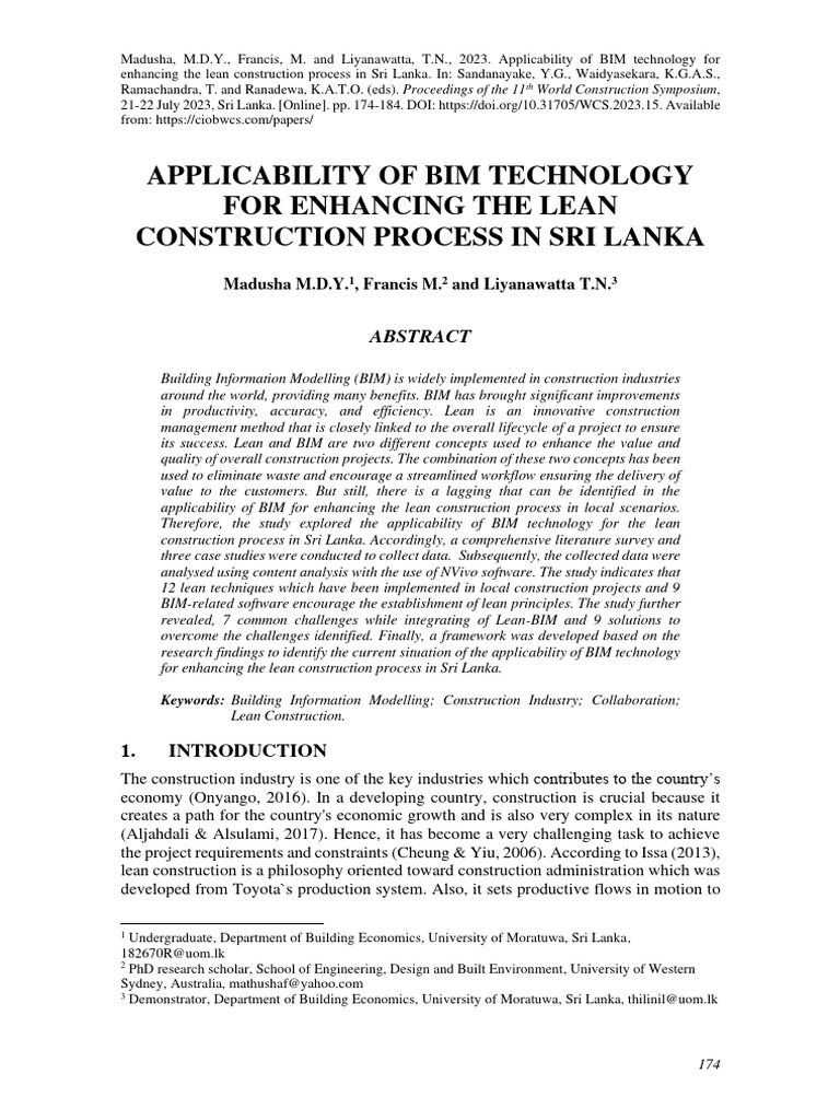 APPLICABILITY OF BIM TECHNOLOGY FOR ENHANCING THE LEAN CONSTRUCTION PROCESS IN SRI LANKA - 2023 ...