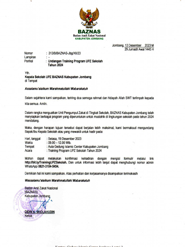 Surat Undangan Training UPZ Sekolah | PDF