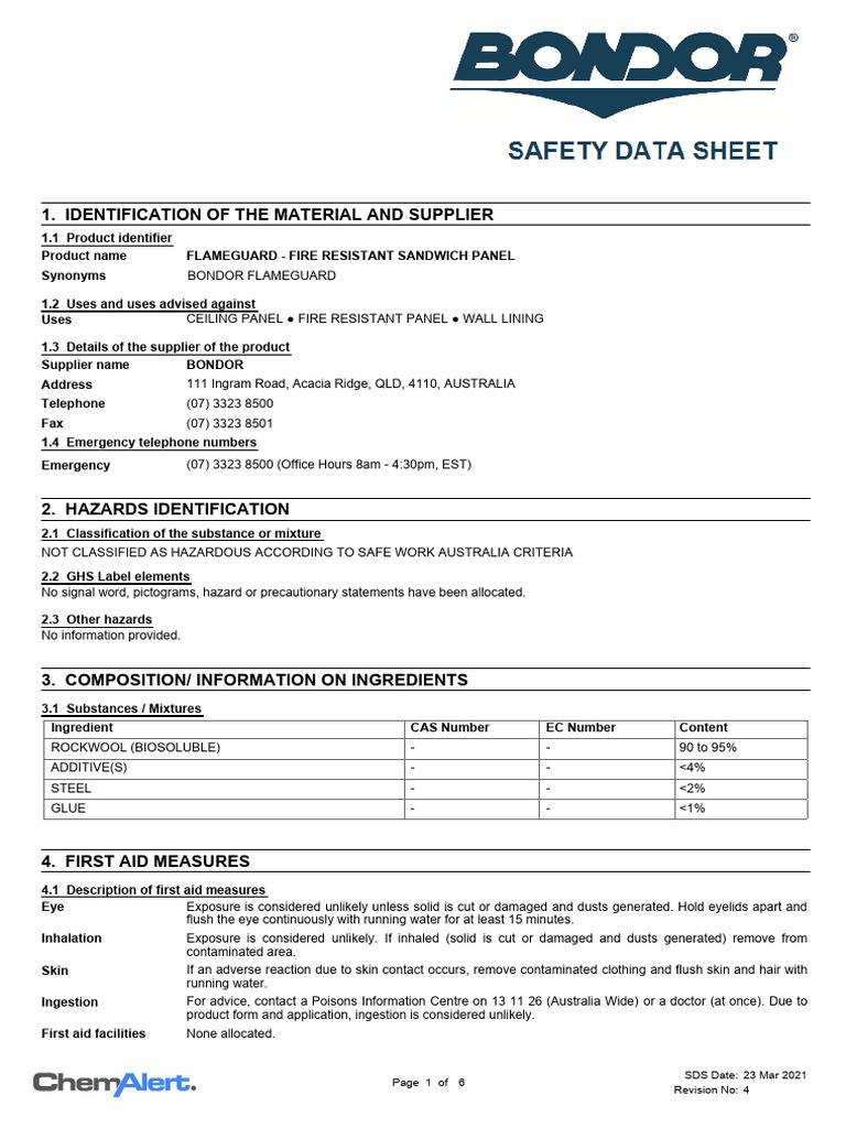 Bondor Flameguard Fire Resistant Sandwich Panel Safety Data Sheet | PDF ...