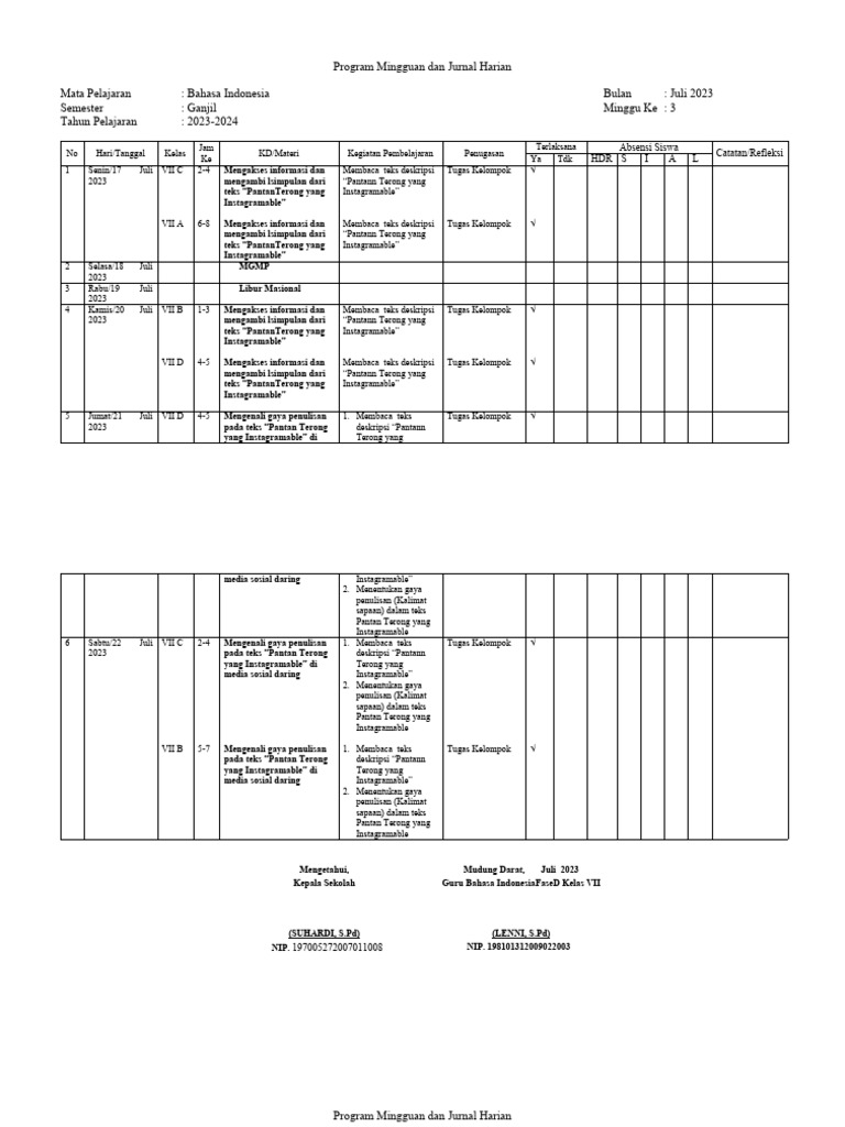 Program Mingguan Dan Jurnal Harian Kelas 7 | PDF