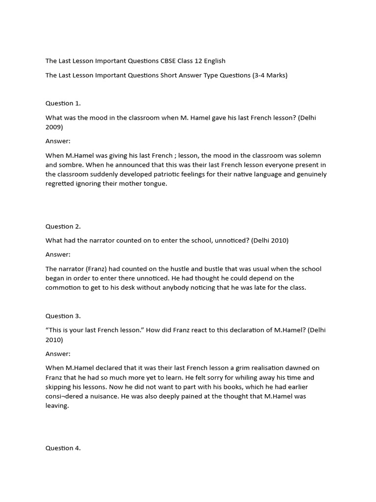 The Last Lesson Important Questions CBSE Class 12 English | PDF ...