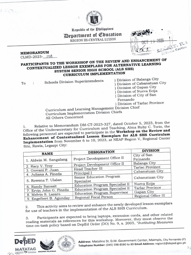 MEMORANDUM CLMD-2023-298 - Participants To The Workshop On The Review ...