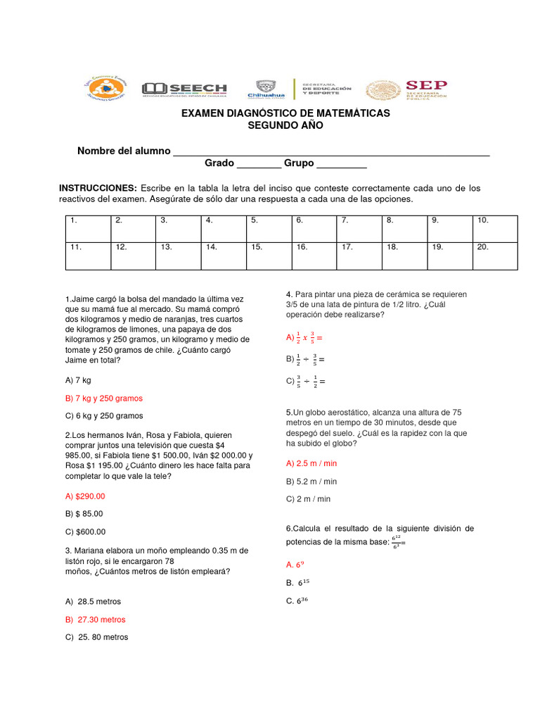 Examen Diagnóstico Segundo Grado | PDF