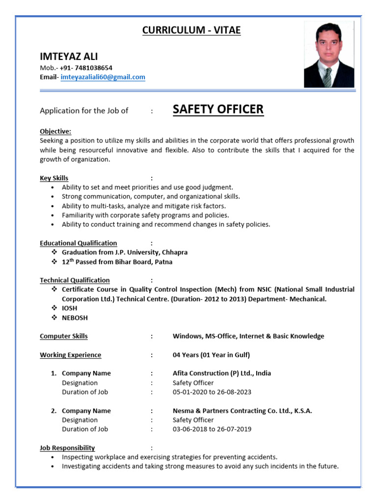 Imteyaz Ali Safety Officer | PDF | Safety | Occupational Safety And Health