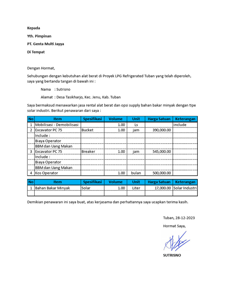 Surat Penawaran Harga Alat Berat Sutrisno | PDF
