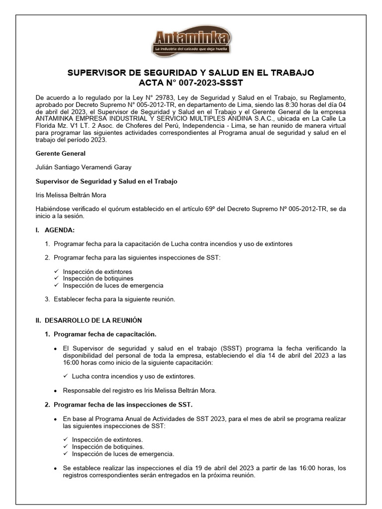 ACTA N°007-2023 Supervisor SST | PDF | Gobierno