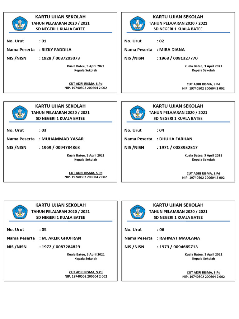 Kartu Ujian Kelas 6 | PDF