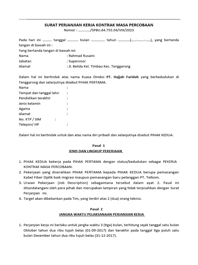 Contoh Kontrak Kerja Masa Percobaan | PDF