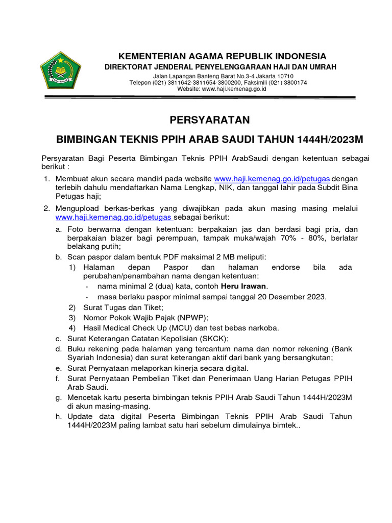 Kotagorontalo - My.id - Persyaratan Bimbingan Teknis PPIH Arab Saudi 1444H 2023M | PDF