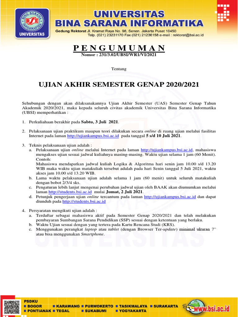 Pengumuman UAS SMT Genap 2020-2021 UBSI | PDF